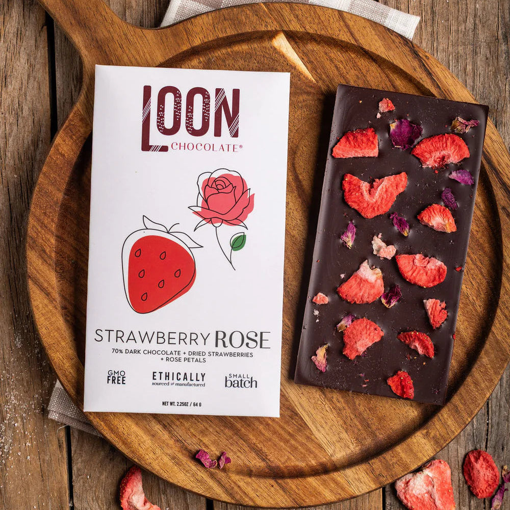 Loon Chocolate Dark w/ Strawberry Rose 70% – Bar & Cocoa