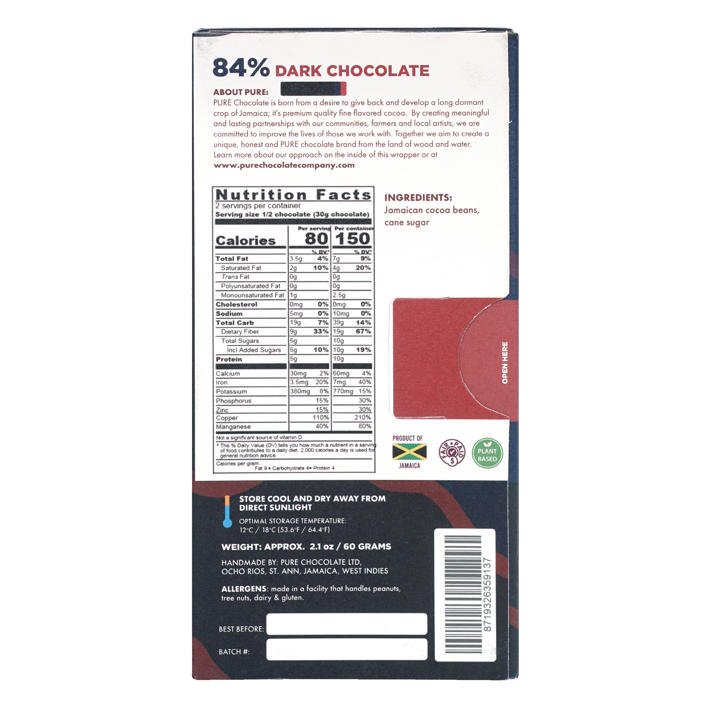 Pure Chocolate Jamaica 84% Dark Chocolate Bar – Bar & Cocoa